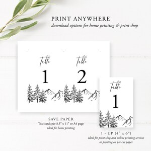 Mountain Table Number Cards, Printable Mountain Pine Wedding Table ...