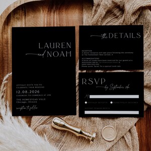 Black Wedding Invitation Set Template, Minimalist Wedding Invitation ...