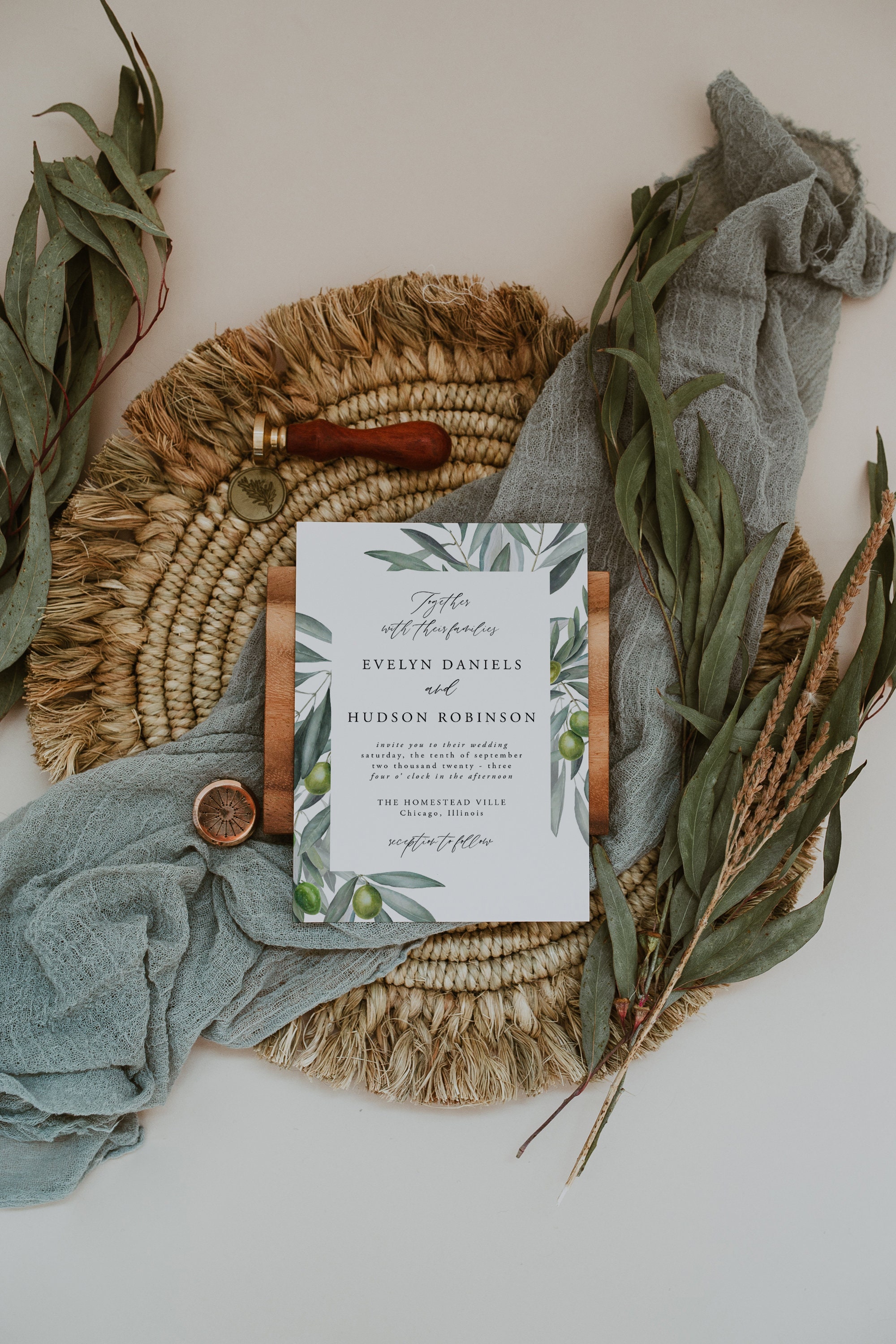 Olive Wedding Invitation Suite Template, Delicate Greenery Weeding ...