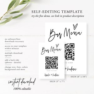 QR Bar Menu Template, Modern Wedding , Scan to View, Minimalist QR Code ...
