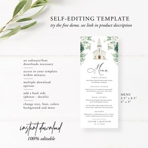 Baptism Menu Template, Church, Baptism Greenery, Editable Baptism Menu ...