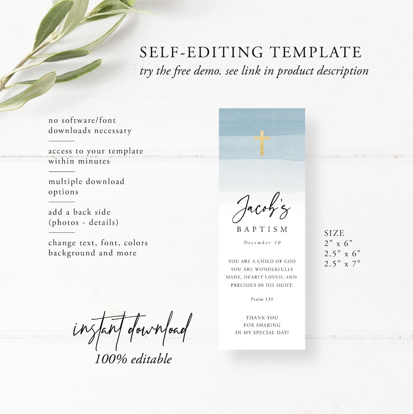 Baptism Bookmark Template, Instant Download, Editable Bookmark Keepsake ...