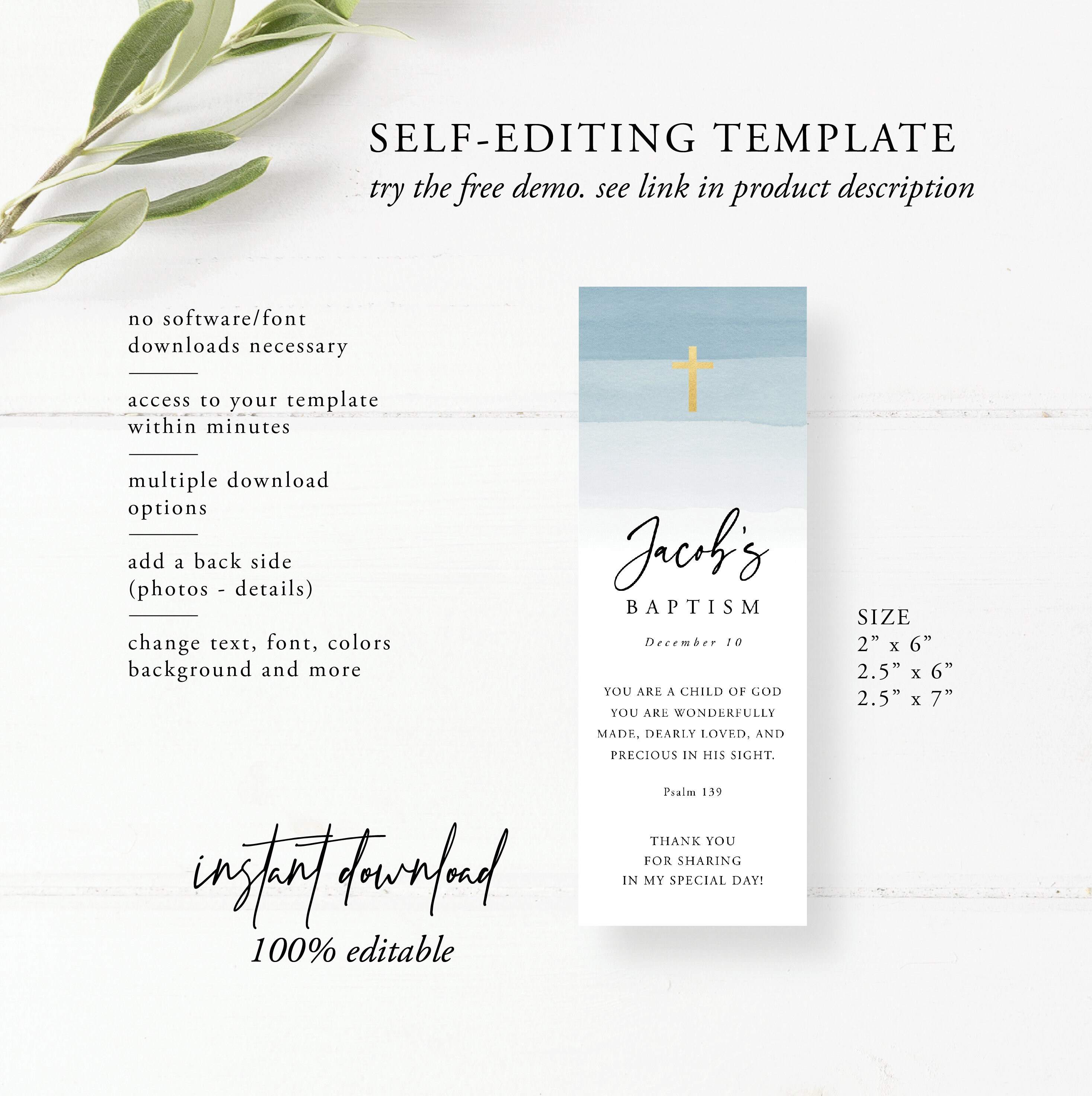 Baptism Bookmark Template, Instant Download, Editable Bookmark Keepsake ...