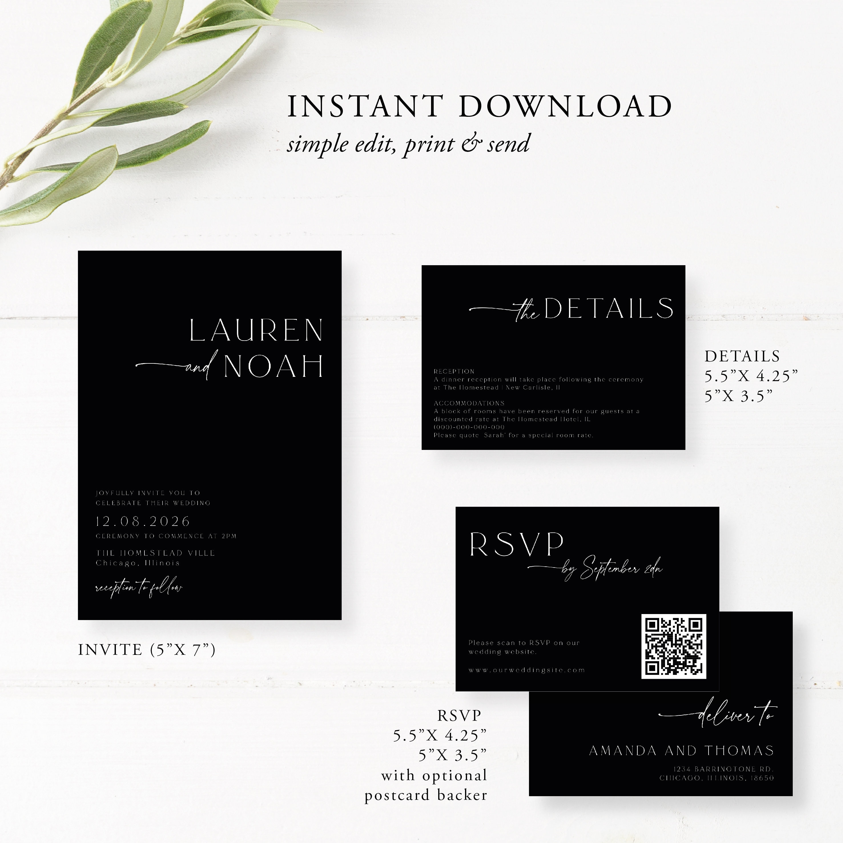 Black Wedding Invitation With QR Code RSVP Minimalist Wedding - Etsy