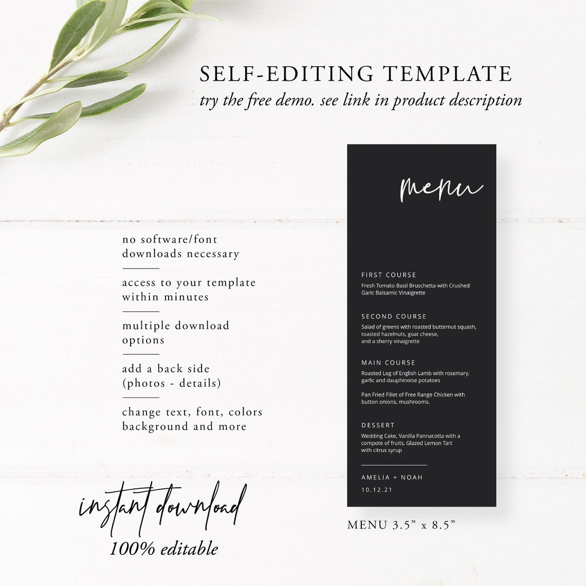 Black Menu Template, Black Wedding Menu, Modern Menu, Printable Wedding ...