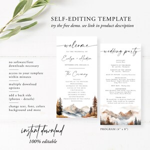 Mountain Wedding Program Template, Pine Wedding Program, Rustic Wedding Program, Lake Printable ...