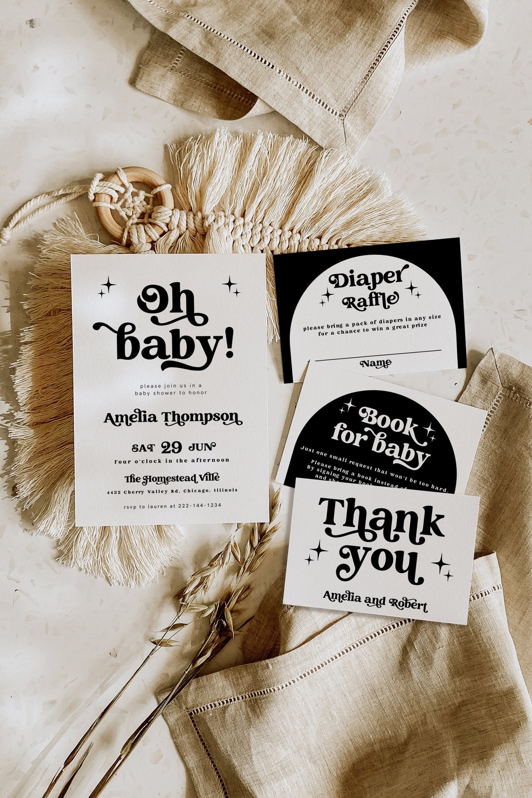 Retro Baby Shower Invitation Template Set, Groovy Baby Shower, Boho ...