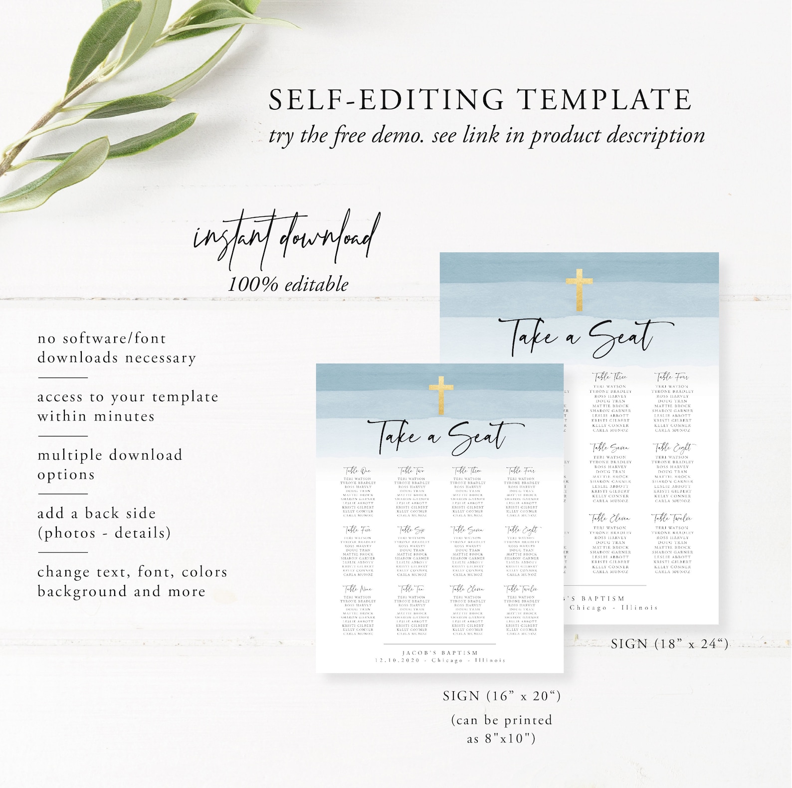 Baptism Seating Chart Poster, Light Blue Baptism, Printable Baptism ...