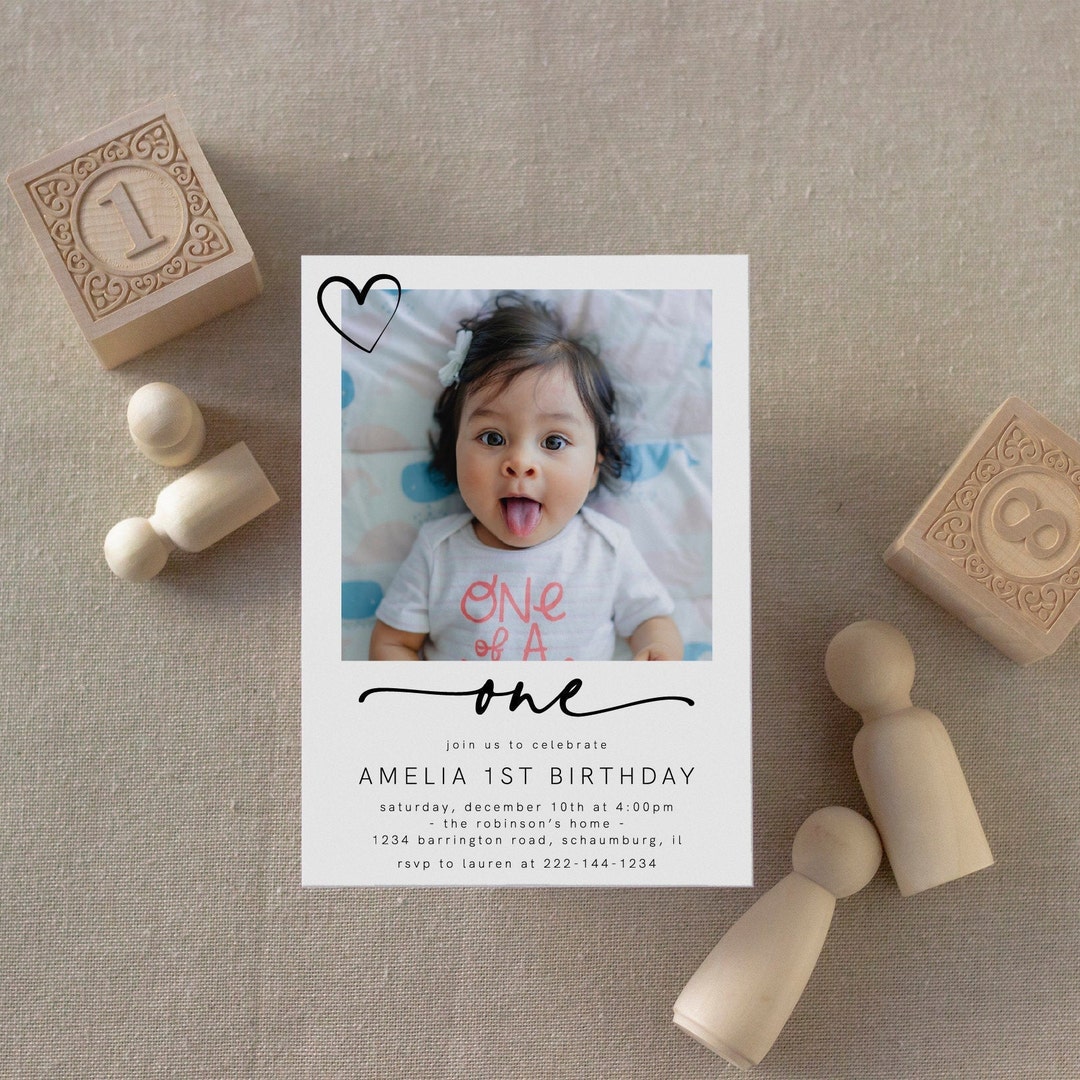 First Birthday Photo Invitation, One Birthday Invite With Photo ...