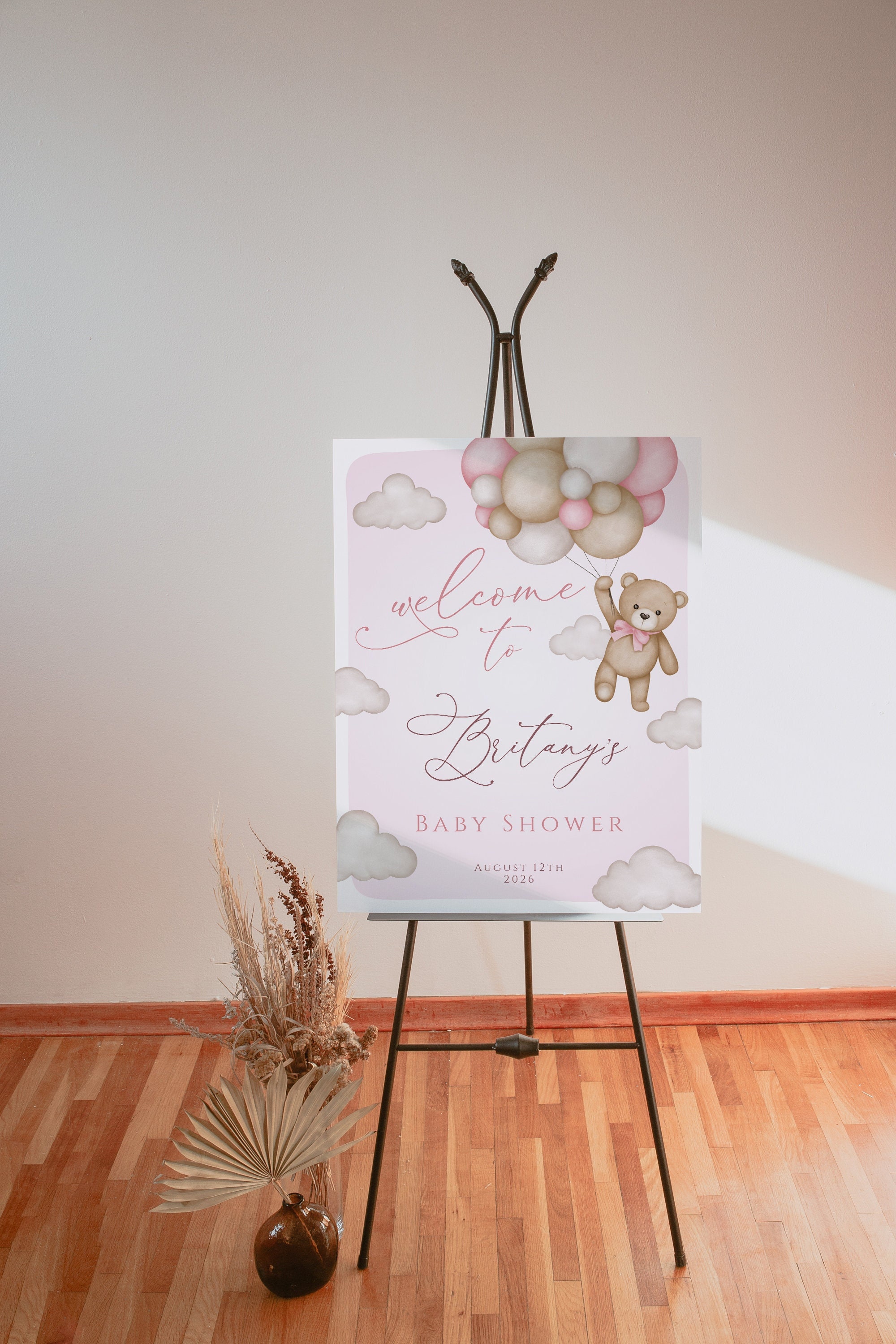 Pink Bear Balloon Welcome Sign, Girl Bear Balloon Baby Shower Sign ...