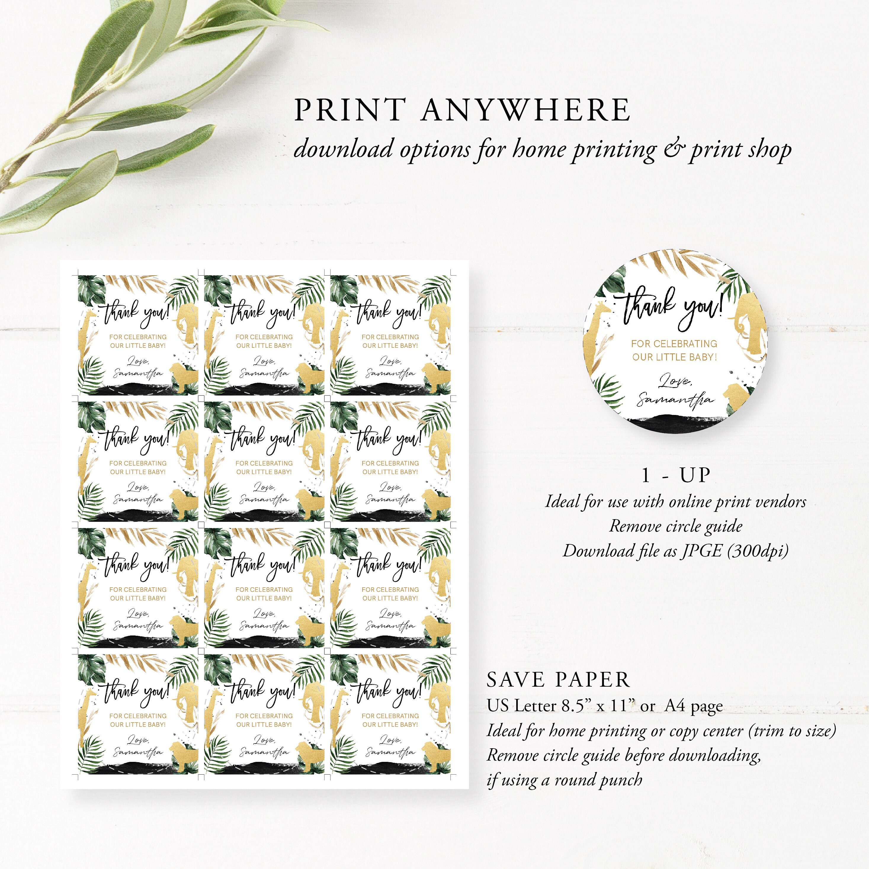 Safari Round Favor Tag Template Printable Round Gold Jungle | Etsy