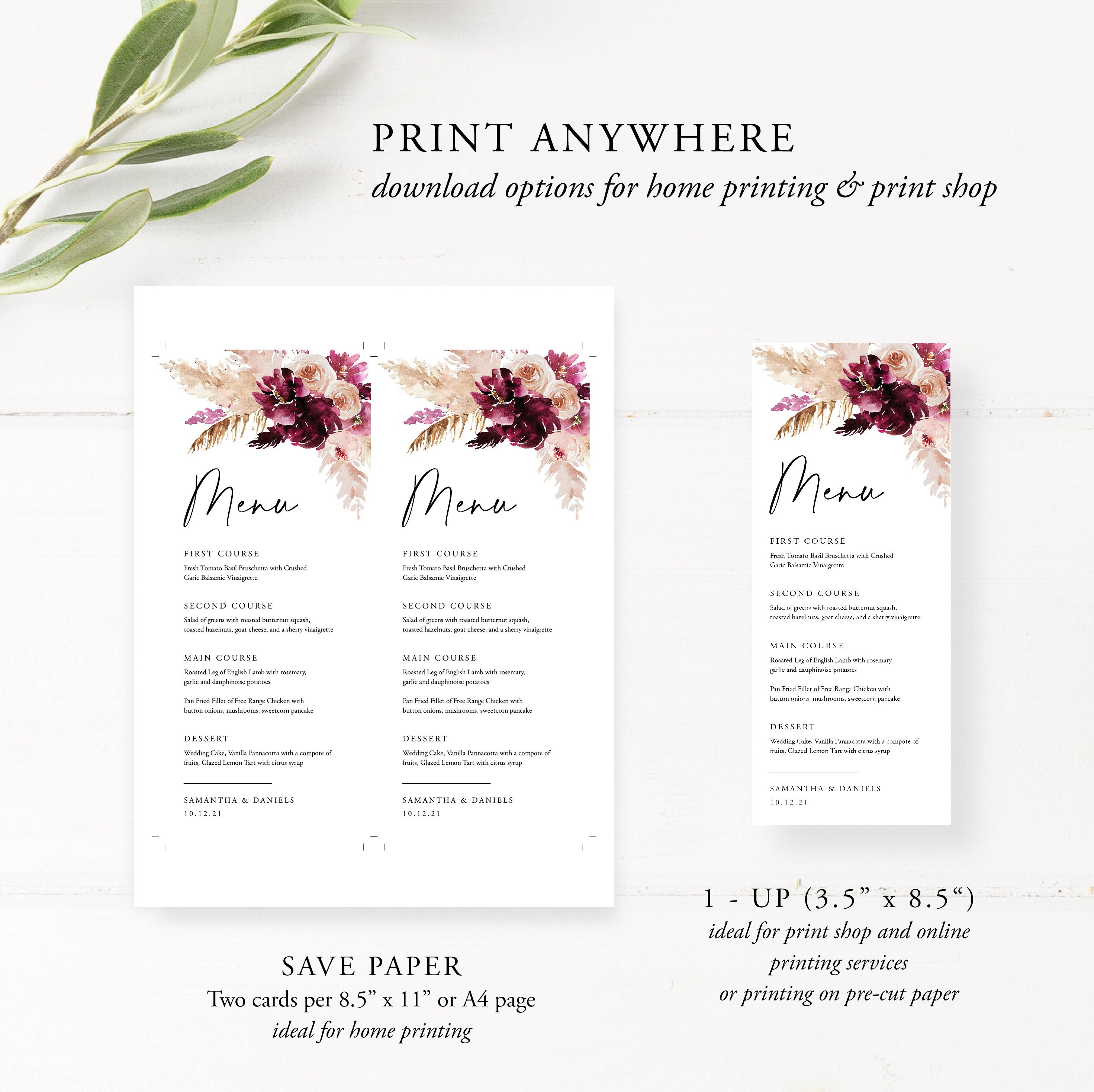 Pampas Menu Template Burgundy Pampas Grass Boho Bohemian | Etsy