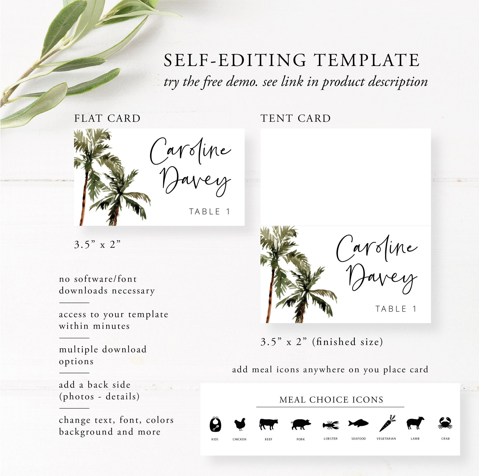 Palm Tree Place Card Template, Printable Place Cards, Tropical Wedding ...