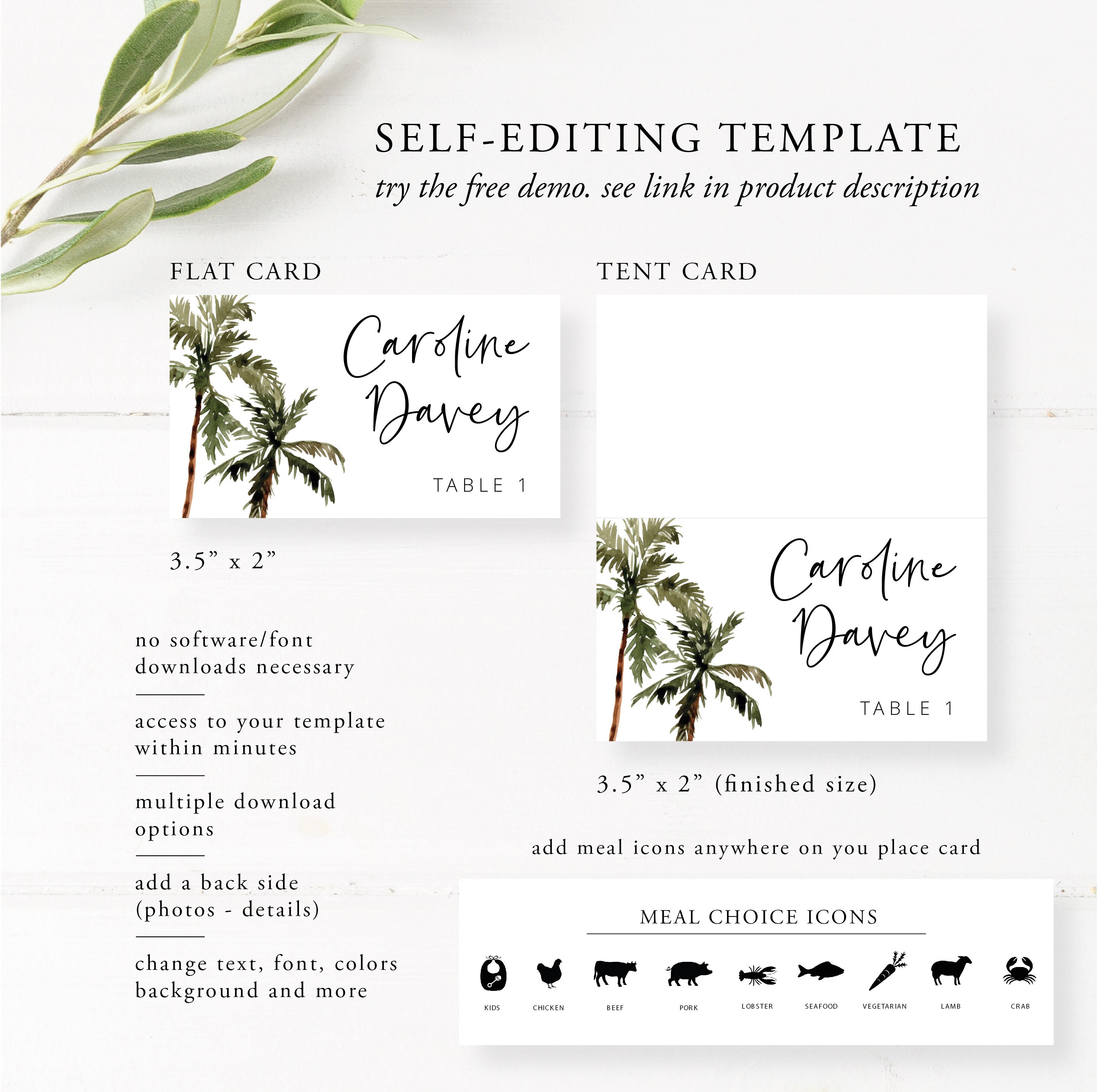 Palm Tree Place Card Template, Printable Place Cards, Tropical Wedding ...