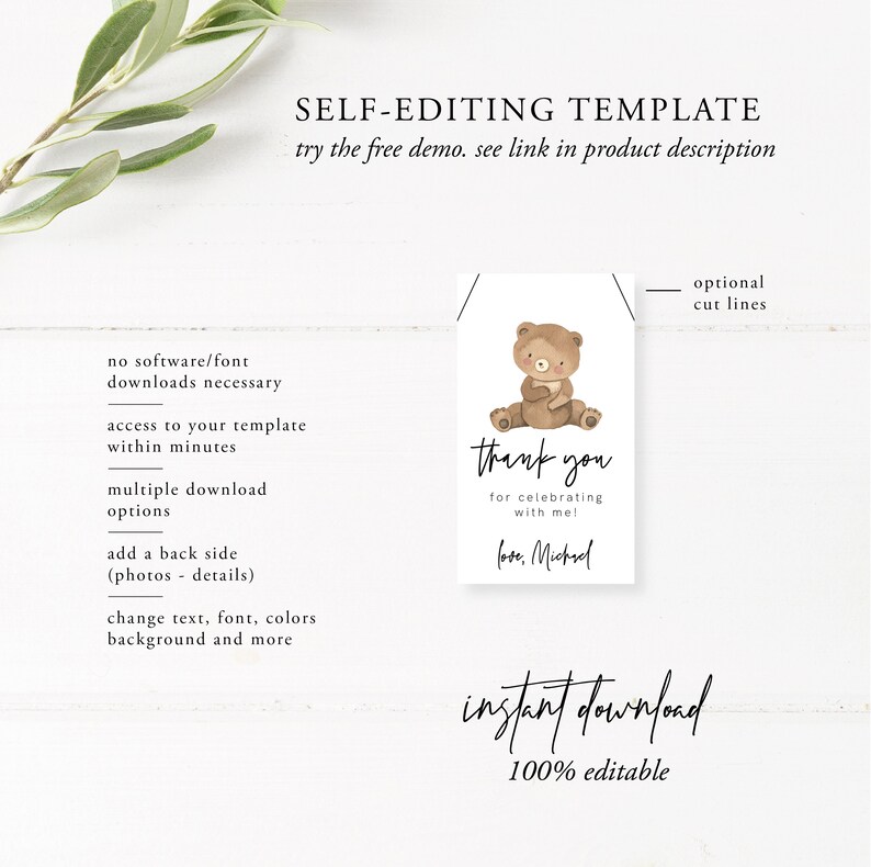 Bear Favor Tag Template Cute Bear Birthday Teddy Bear Favor | Etsy