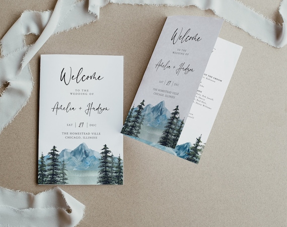 Mountain Wedding Program Template Foldable Pine Wedding - Etsy