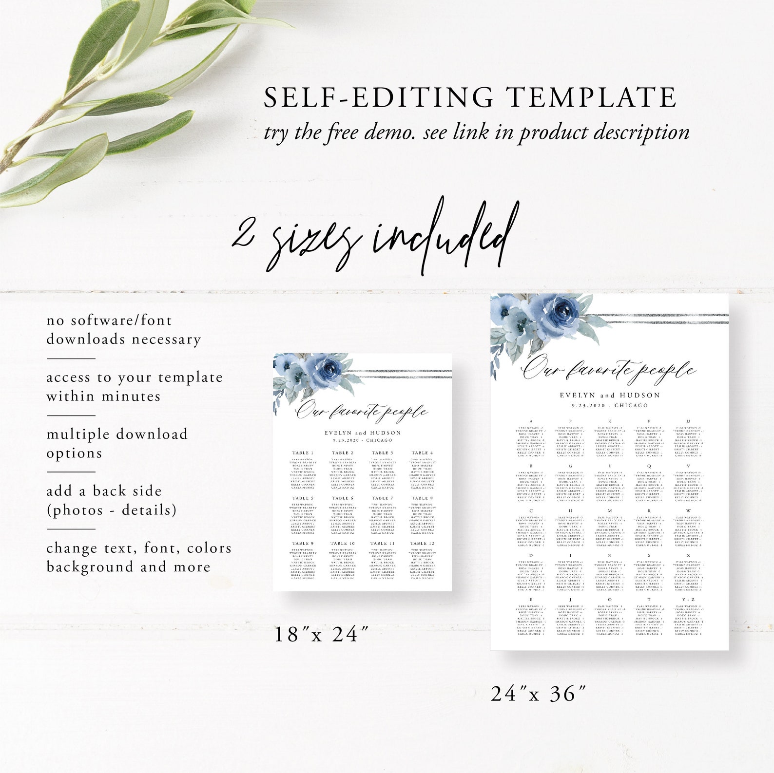 Dusty Blue Seating Chart Poster, Printable Wedding Seating Sign, Silver ...