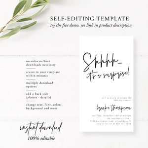 Shhh Surprise Party Invitation Template, Modern Birthday Invitation ...