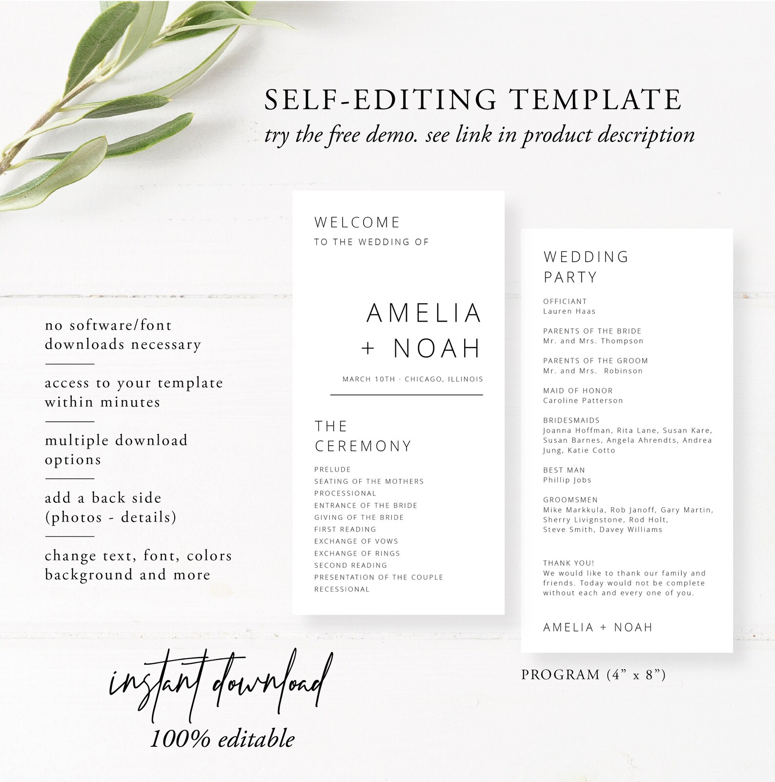 Minimalist Wedding Program Template, Modern Wedding Program, Minimal ...