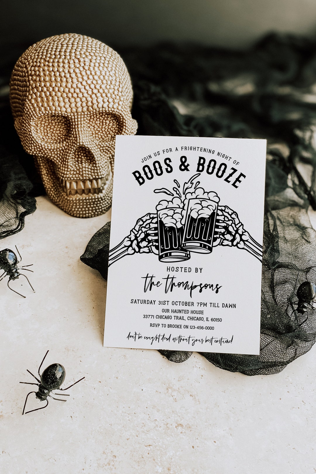 Skeleton Boos & Booze Halloween Party Invitation Template, Printable ...