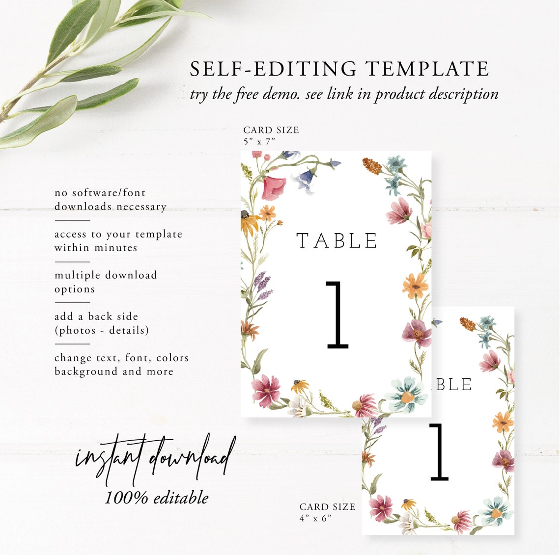 Wildflower Table Number Card Template, Boho Table Number, Floral ...