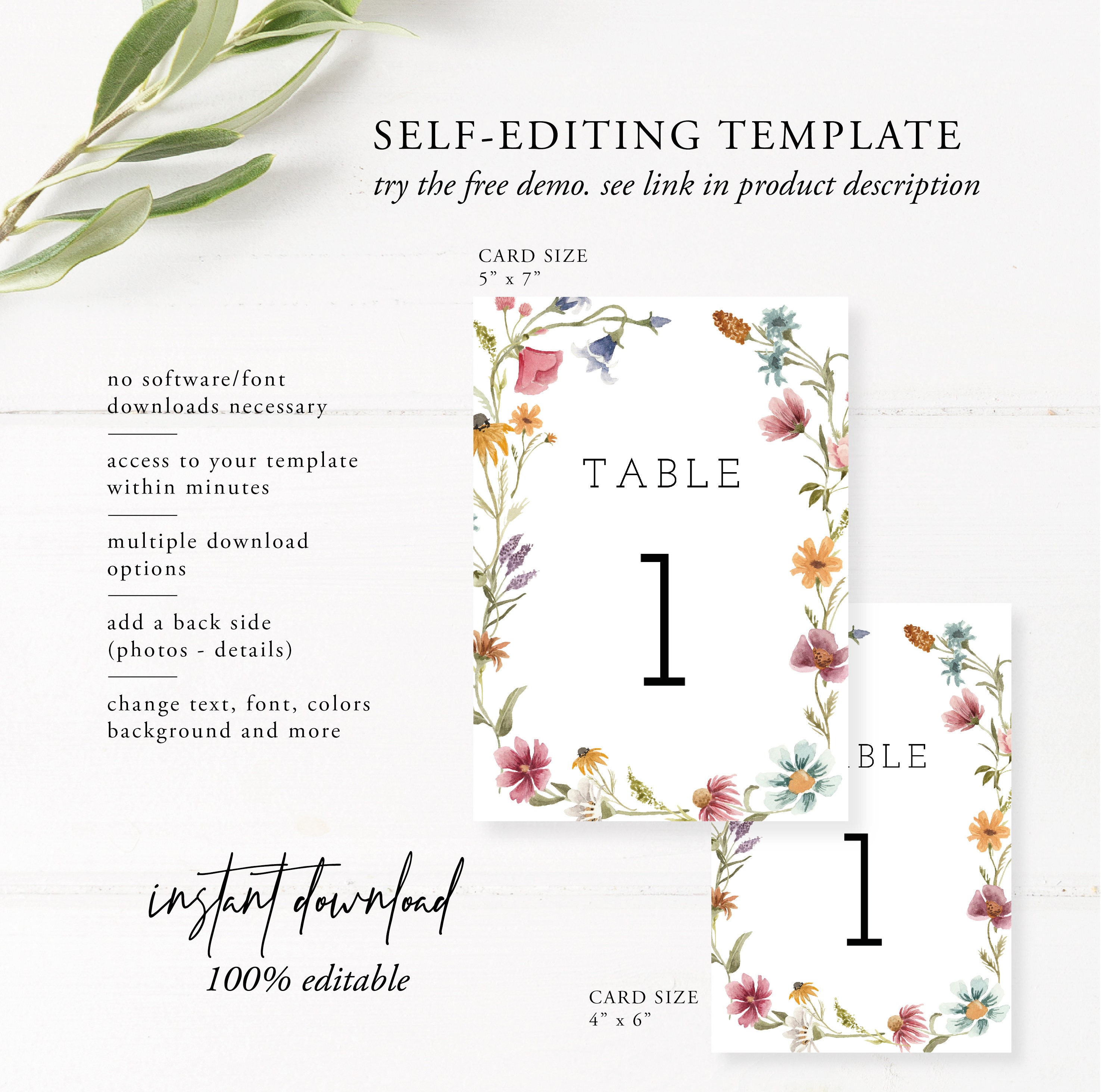 Wildflower Table Number Card Template Boho Table Number | Etsy