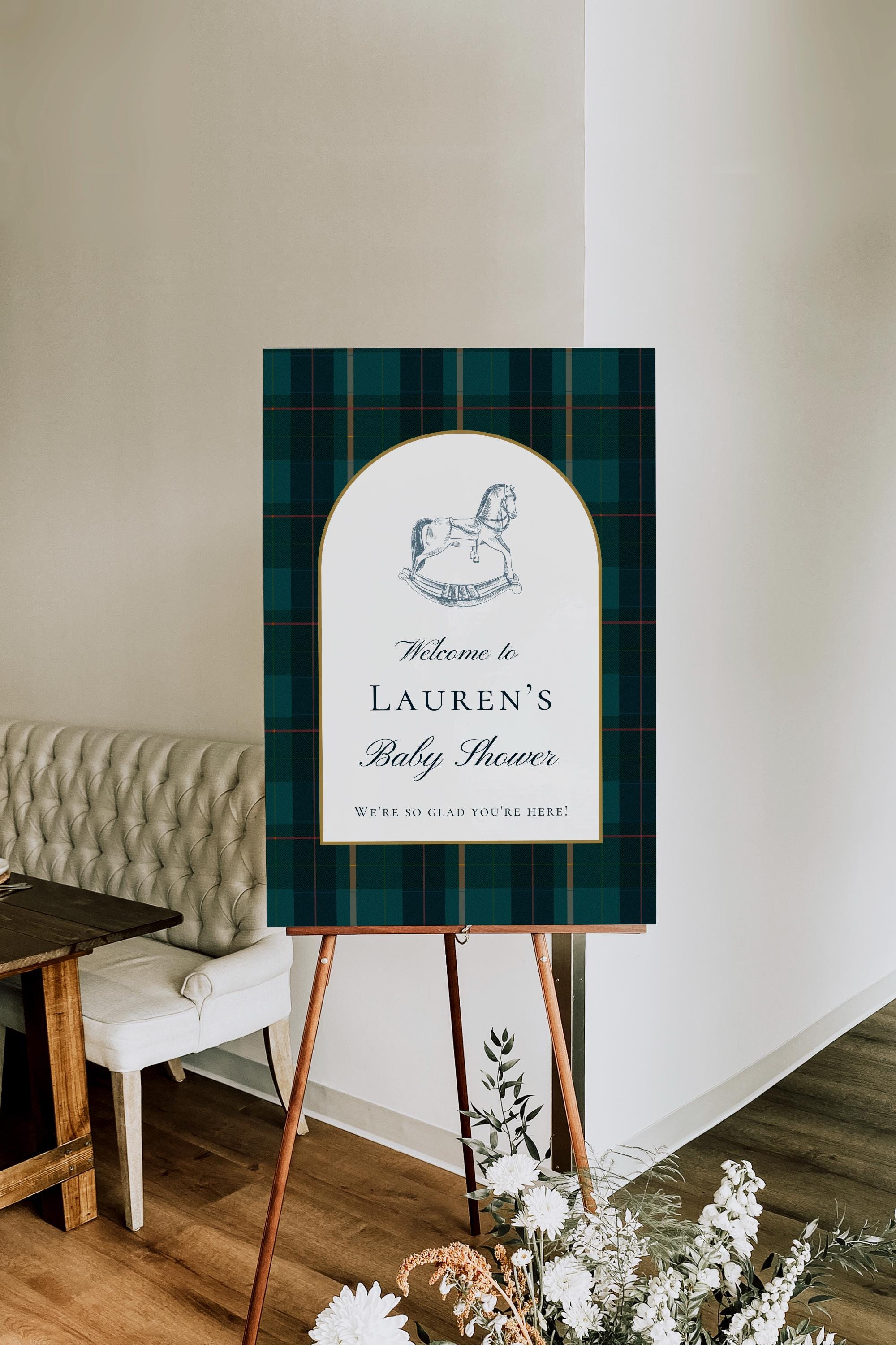 Classic Plaid Baby Shower Welcome Sign Vintage Rocking Horse Welcome ...