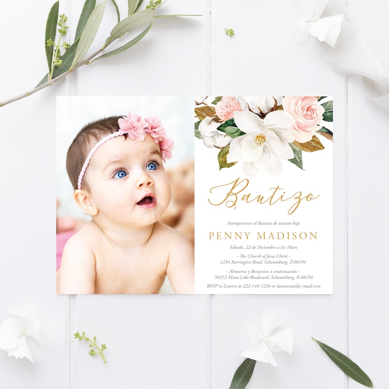 Invitation de baptême Photo de fille Blush Floral Pink | Etsy