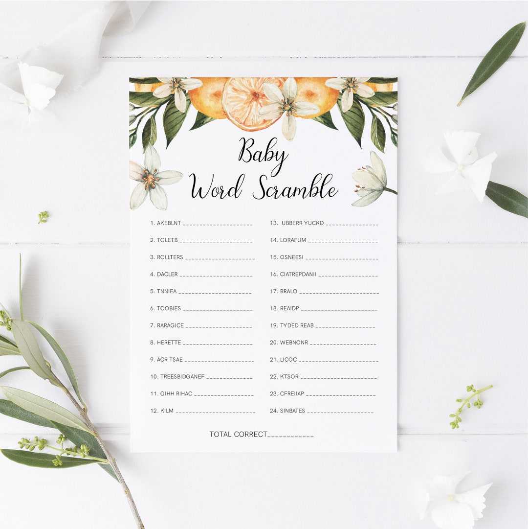Baby Word Scramble Game, Printable Baby Word Puzzle, Citrus Baby Shower ...