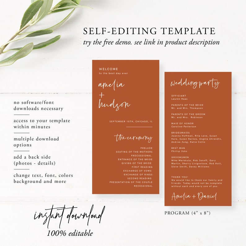 Boho Wedding Program Template Modern Wedding Program | Etsy