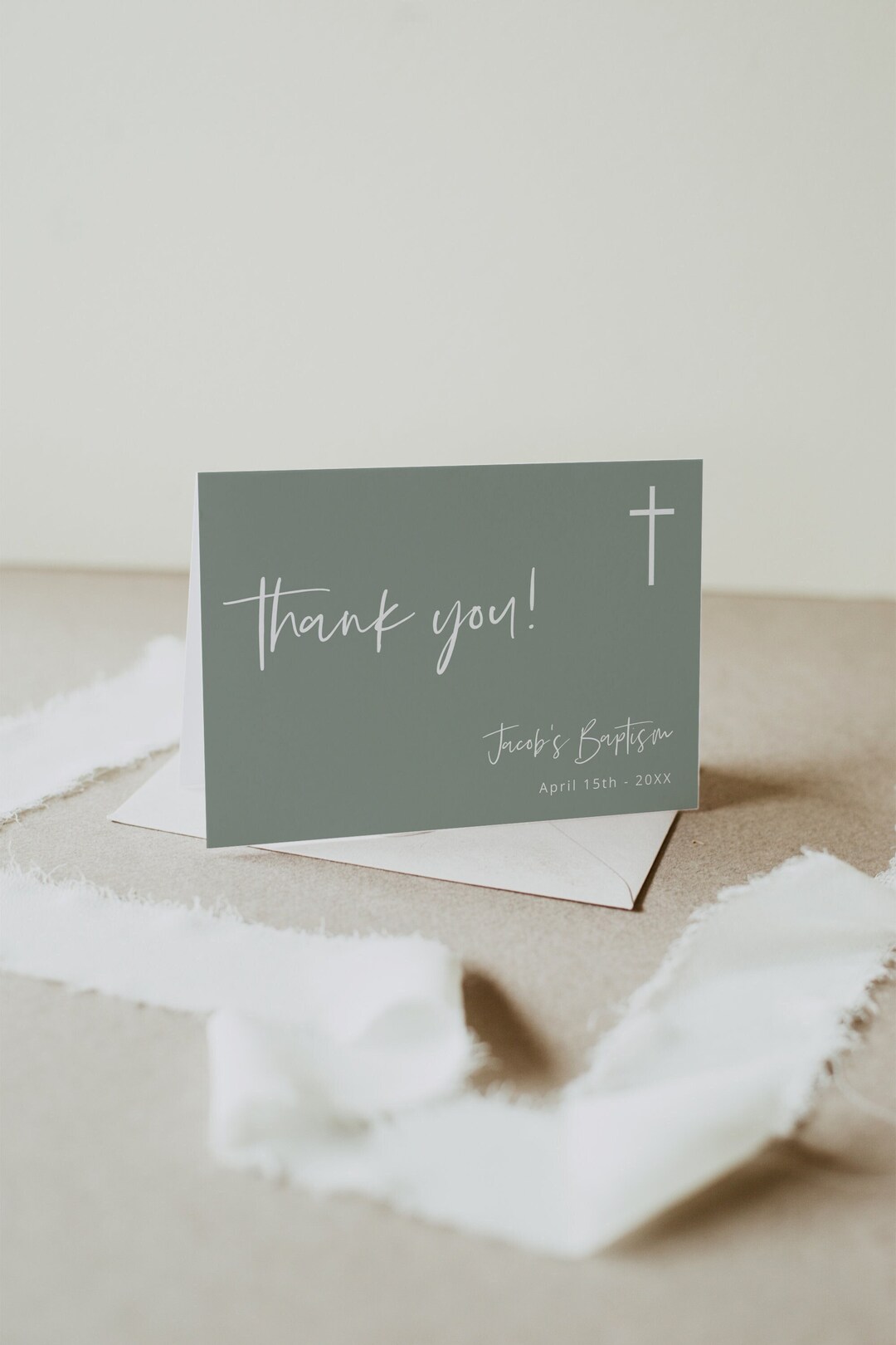 Baptism Thank You Card, Sage Green Baptism, Baptism Thank You ...