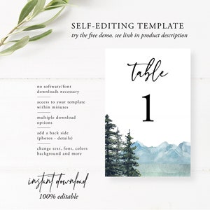 Mountain Table Number Cards, Printable Mountain Pine Wedding Table ...