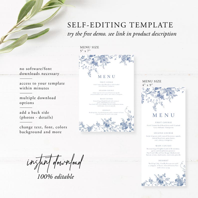 Blue Vintage Floral Wedding Menu Template, Blue Printable Menu ...