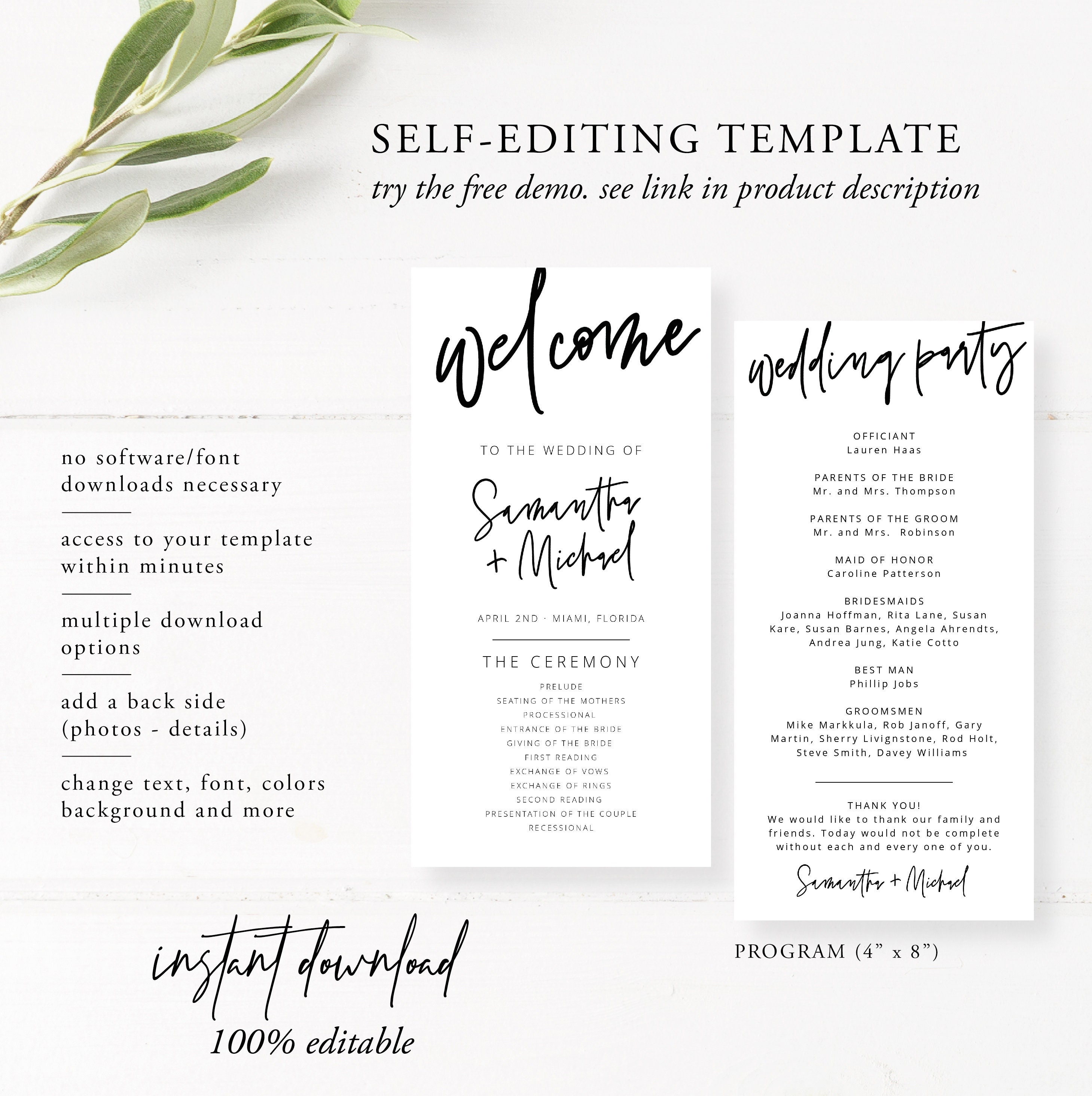 Modern Wedding Program Template Minimalist Wedding Program - Etsy