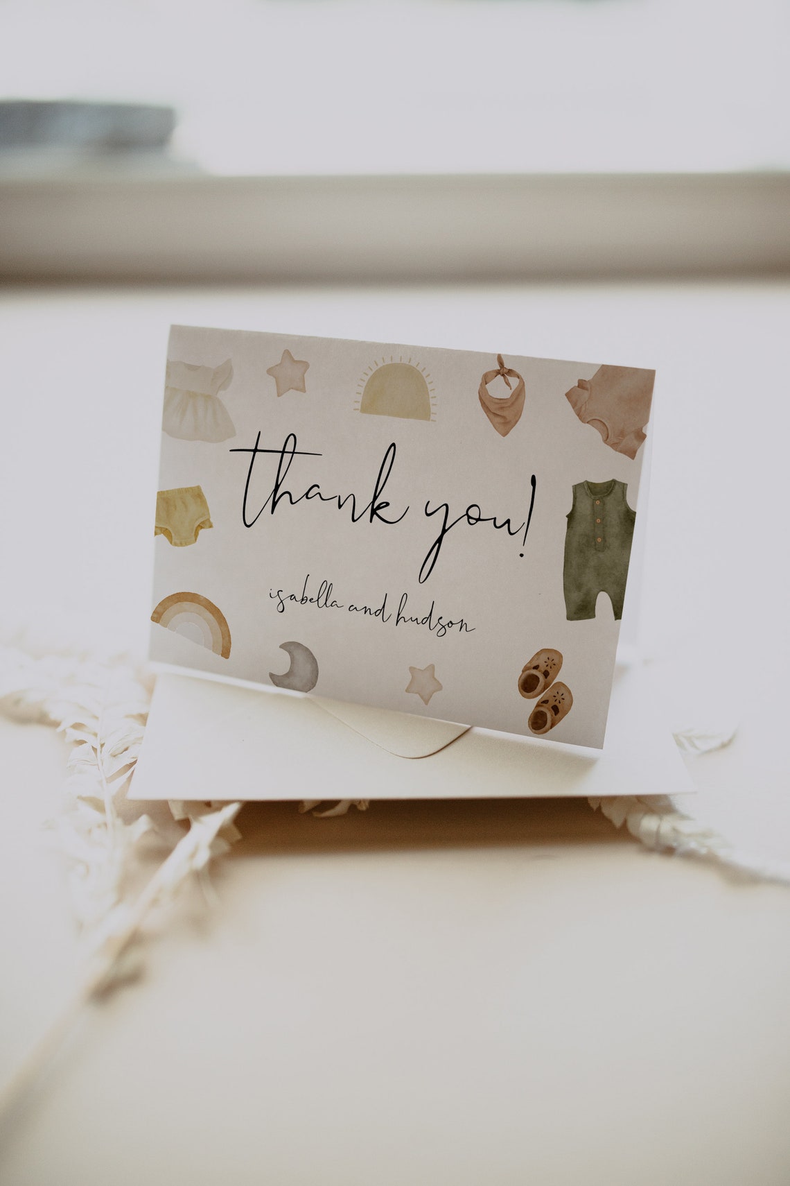 Baby Shower Thank You Card, Boho Baby Shower Thank You, Clothes Baby ...