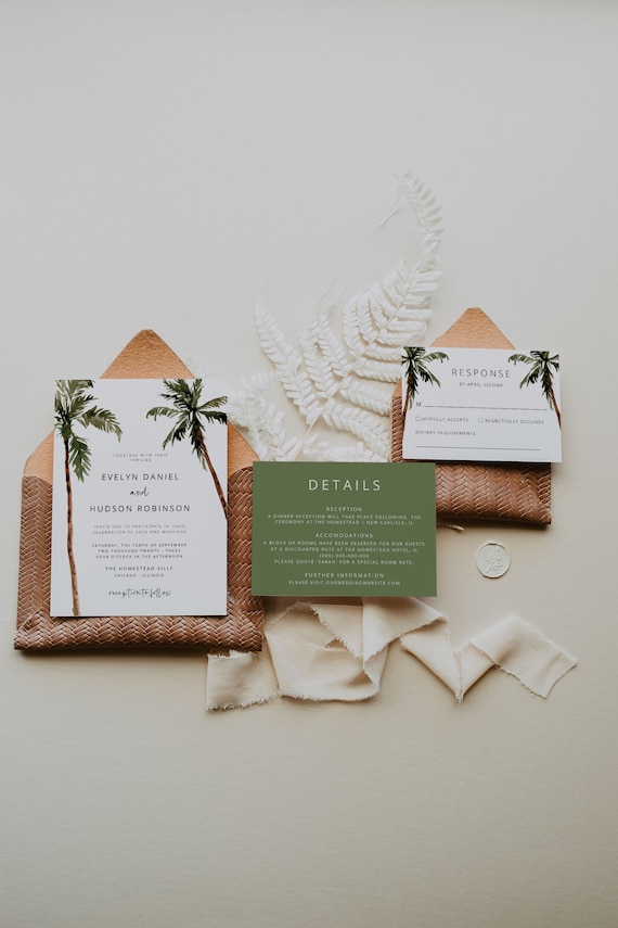 Palm Tree Wedding Invitation Template Minimal Tropical | Etsy