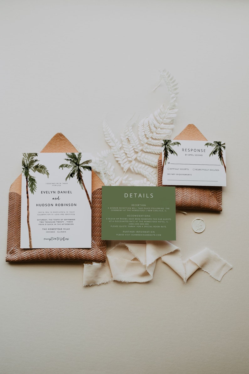 Palm Tree Wedding Invitation Template Minimal Tropical | Etsy