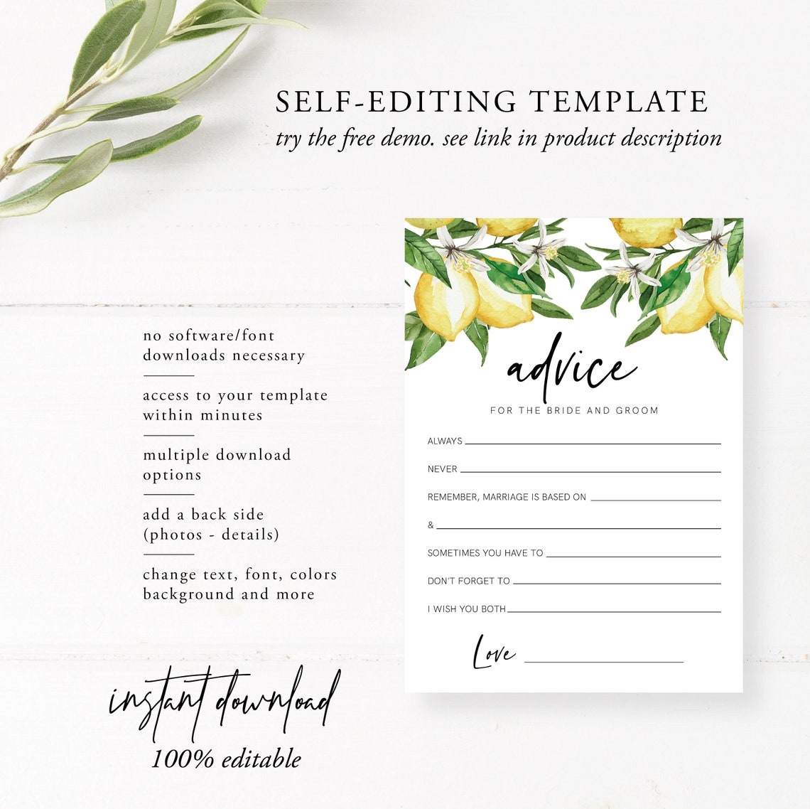 Bridal Shower Advice Card Template, Editable Citrus Bridal Shower ...