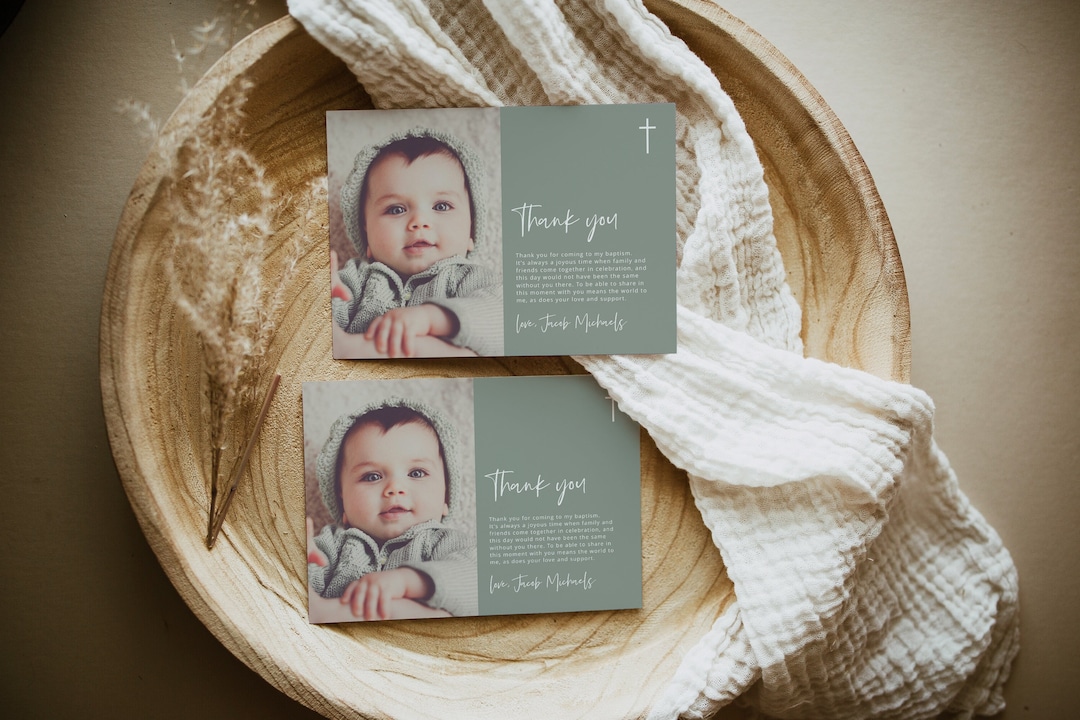 Baptism Thank You Card, Minimalist Baptism, Sage Green Baptism Thank ...