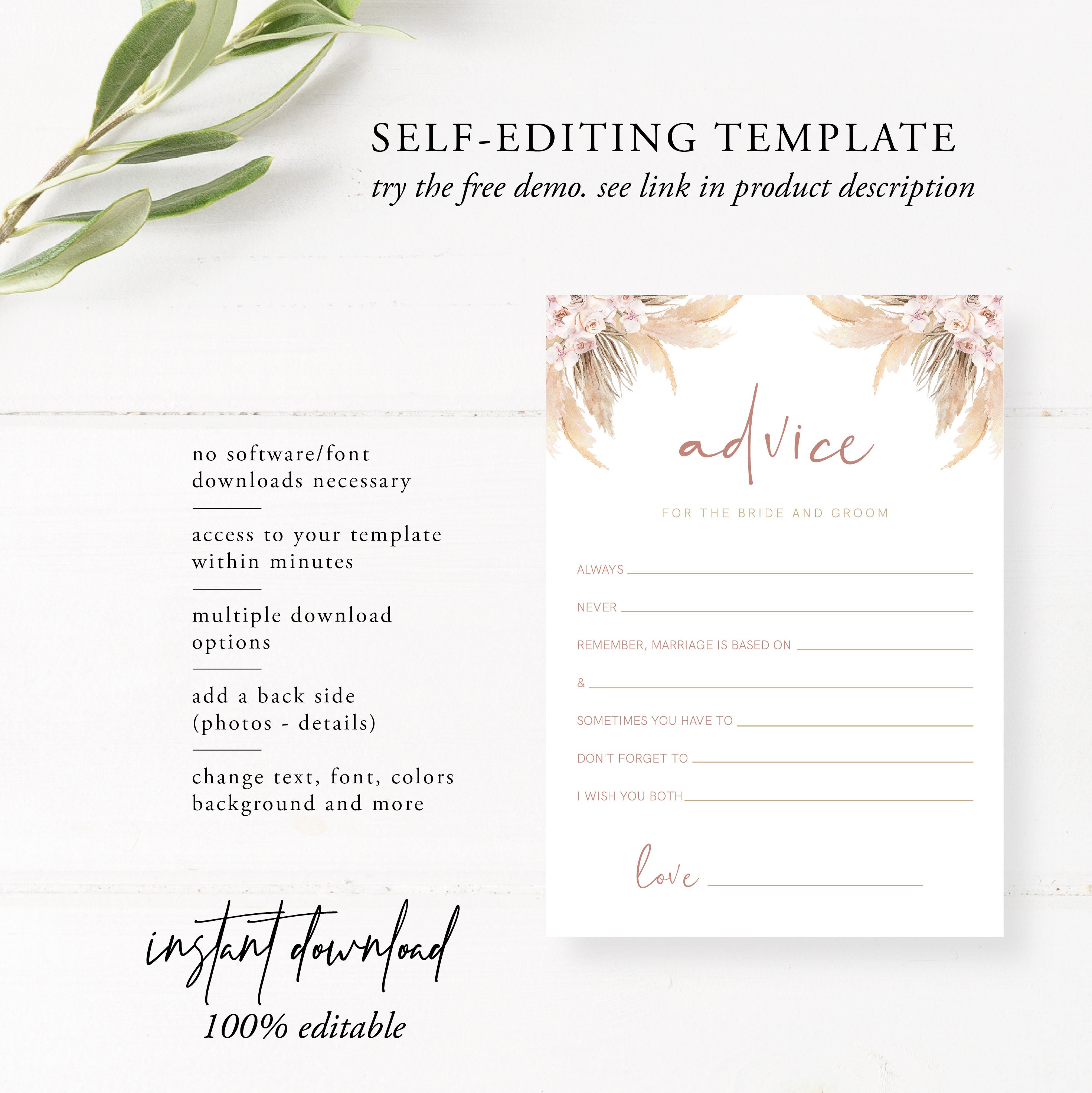 Bridal Shower Advice Card Template Editable Pampas Bridal | Etsy