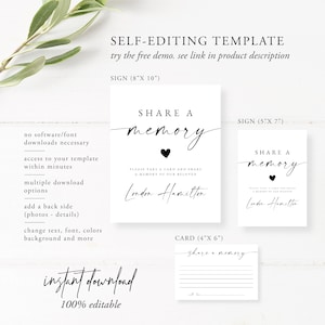 Share a Memory Funeral Sign and Share a Memory Card, Simple Funeral ...