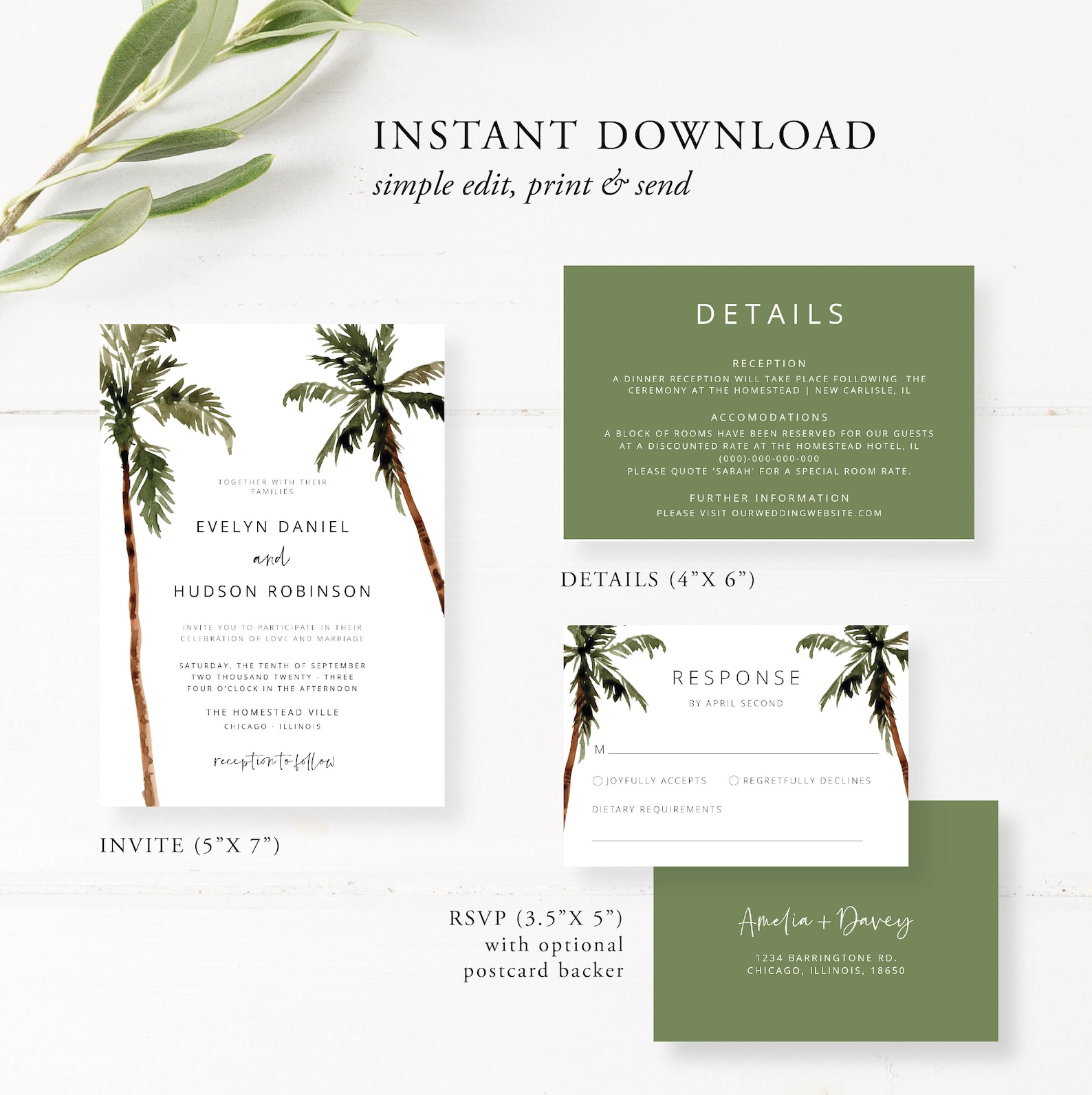 Palm Tree Wedding Invitation Template, Minimal Tropical Wedding ...