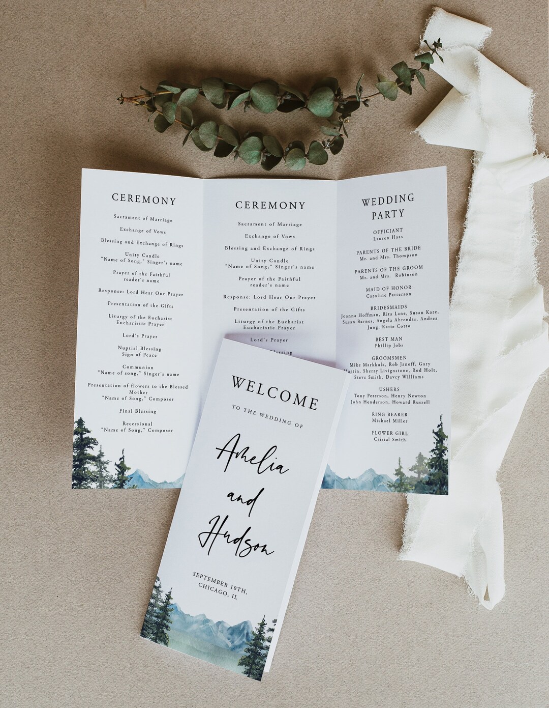 Trifold Wedding Program Template, Mountain Wedding Program, Wedding Ceremony Program Foldable ...
