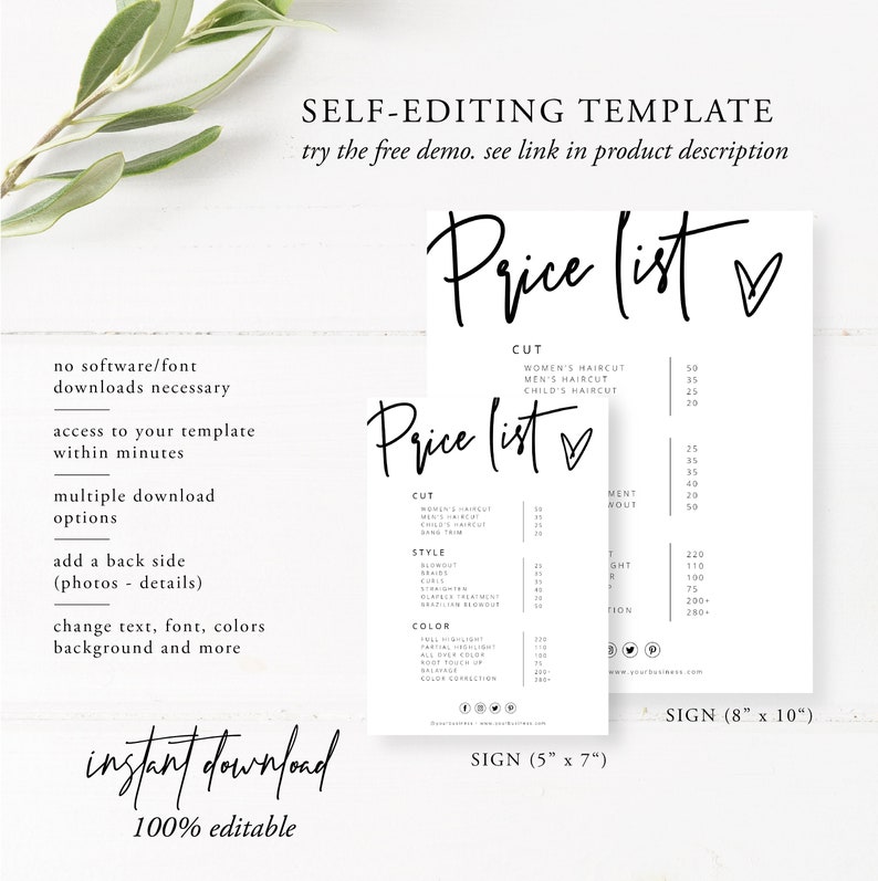 Price List Template, Small Business Price List, Editable Price Sheet ...