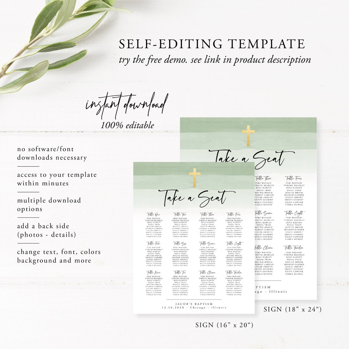 Baptism Seating Chart Poster Green Baptism Printable Baptism - Etsy