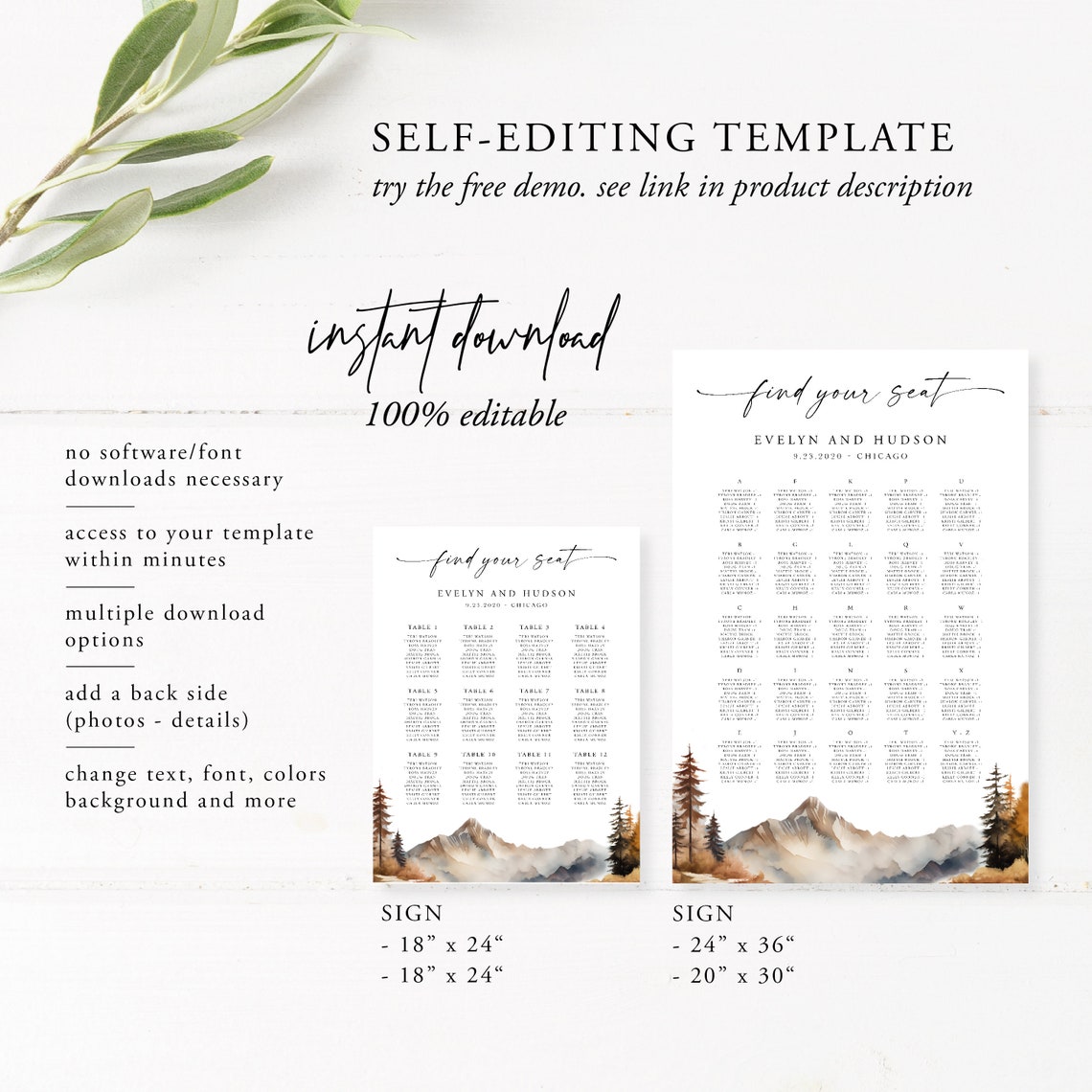 Mountain Wedding Seating Chart Template, Printable Woodland Forest Pine ...