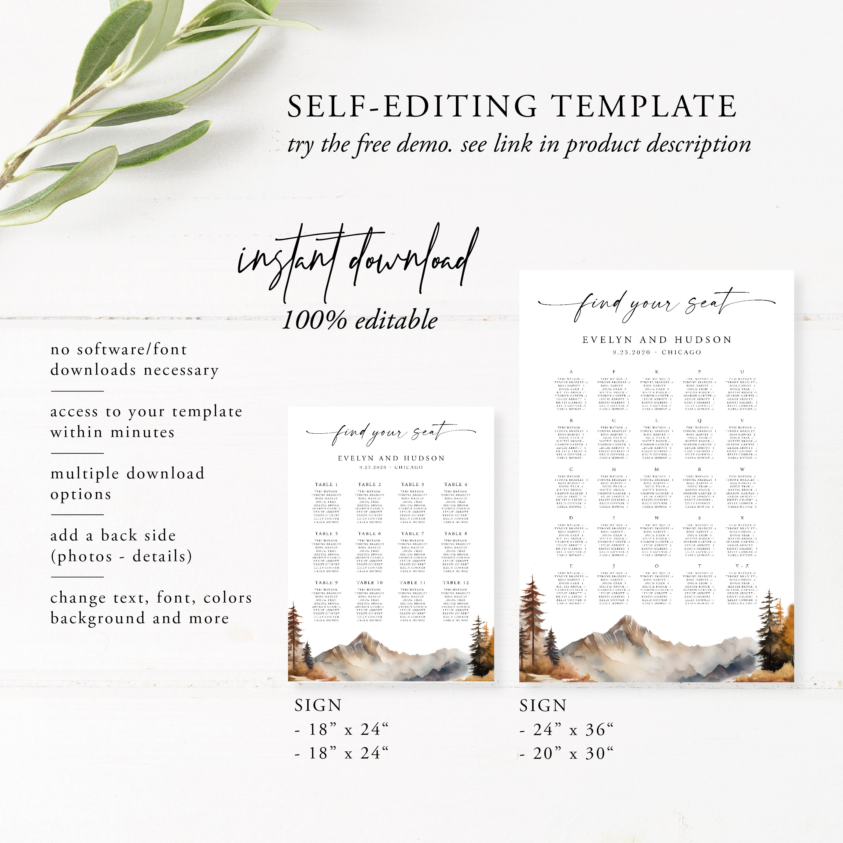 Mountain Wedding Seating Chart Template, Printable Woodland Forest Pine ...