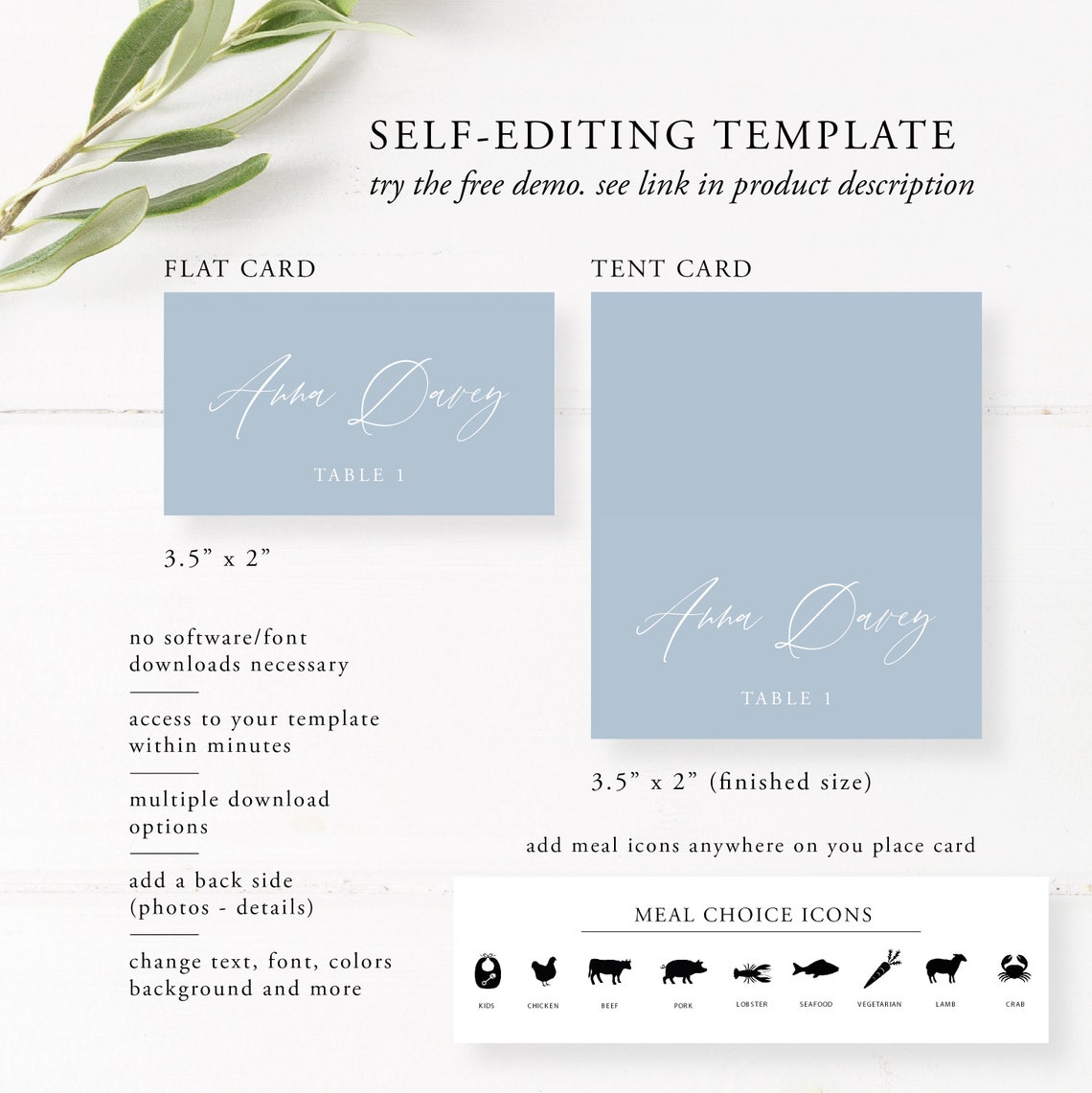 Dusty Blue Place Card Template With Meal Option Printable - Etsy