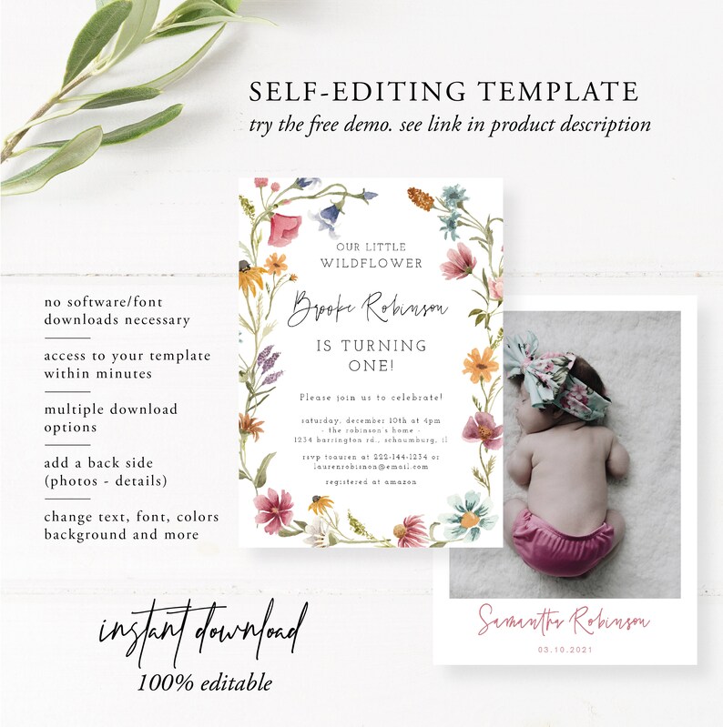 Wildflower Birthday Invitation Template, Our Little Wildflower ...