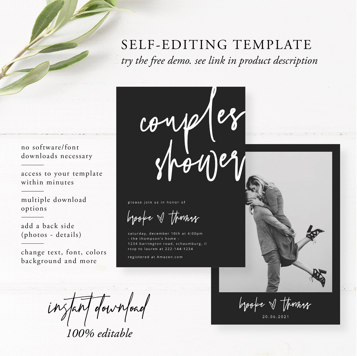 Modern Couple Shower Invitation Template Black Minimalist - Etsy